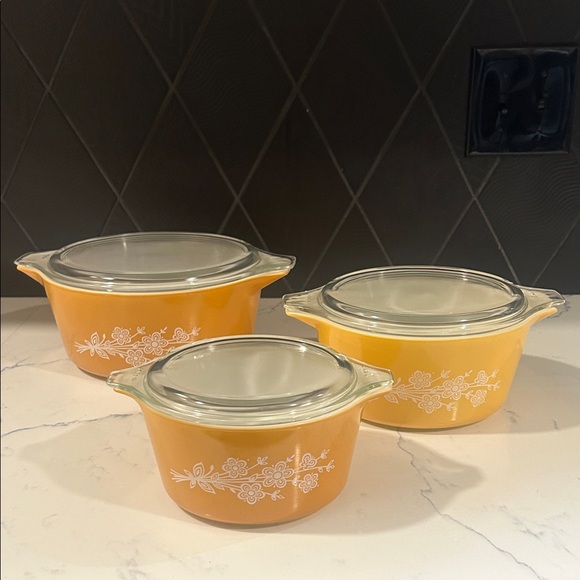Pyrex | Kitchen | Pyrex Butterfly Gold Casserole Dish Set Wlids | Poshmark